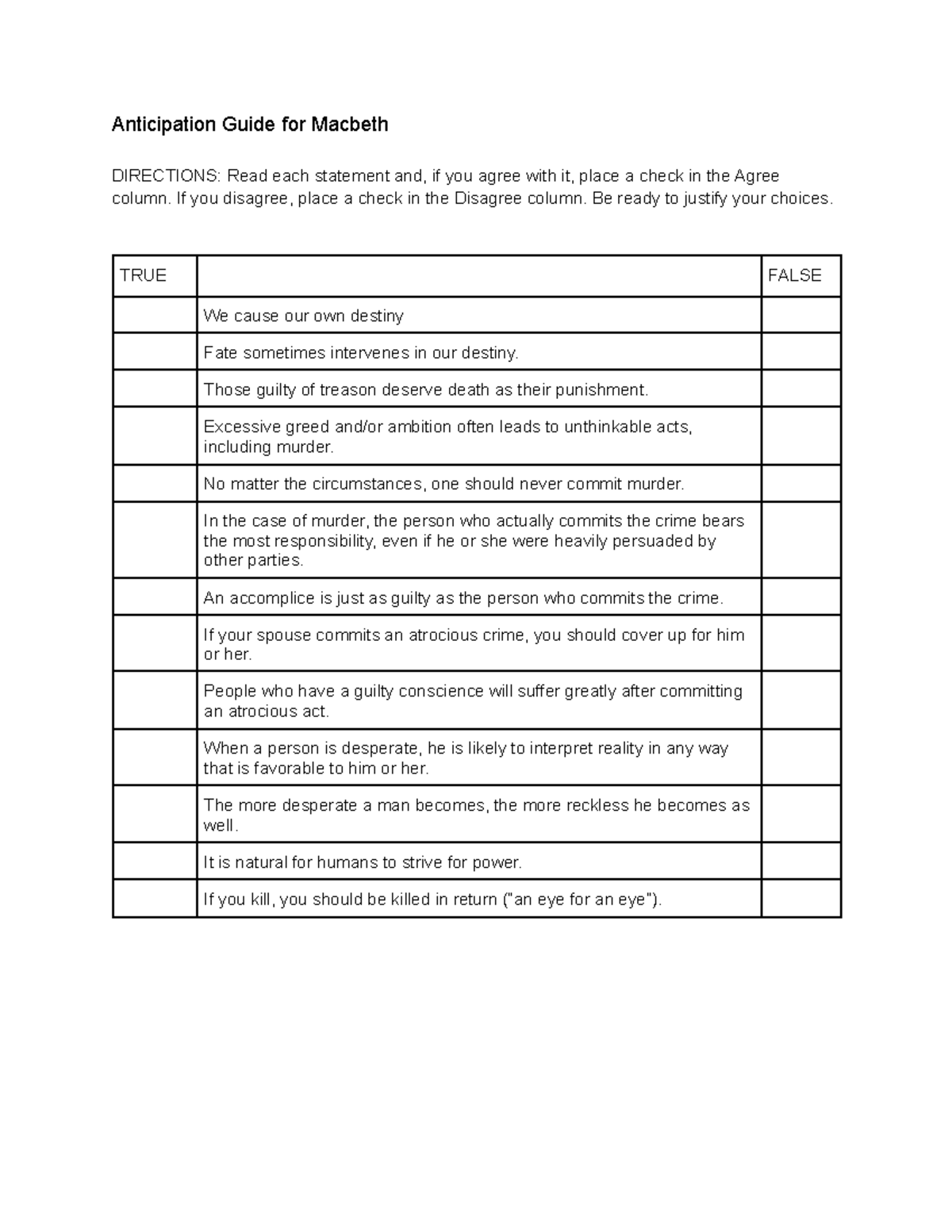 Anticipation Guide for Macbeth-English 4 - Anticipation Guide for ...