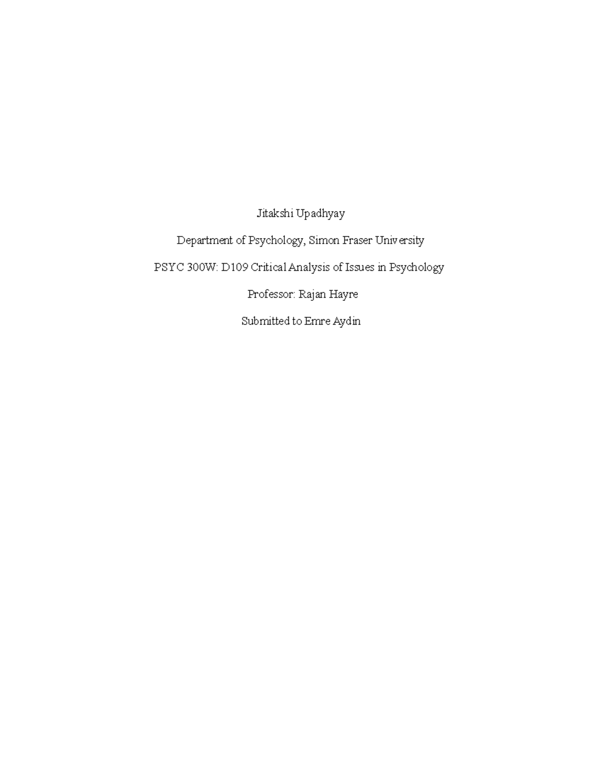 Peer review - 1st draft - Assignments - Jitakshi Upadhyay Department of Psychology, Simon Fraser ...