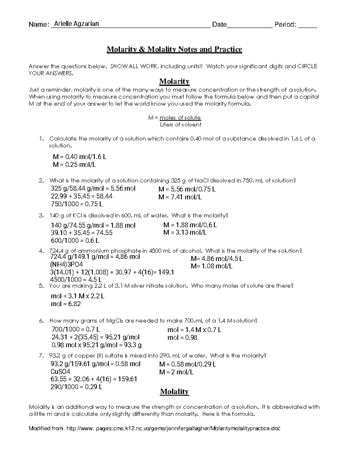 Molarity and Molaity Practice - Name ...