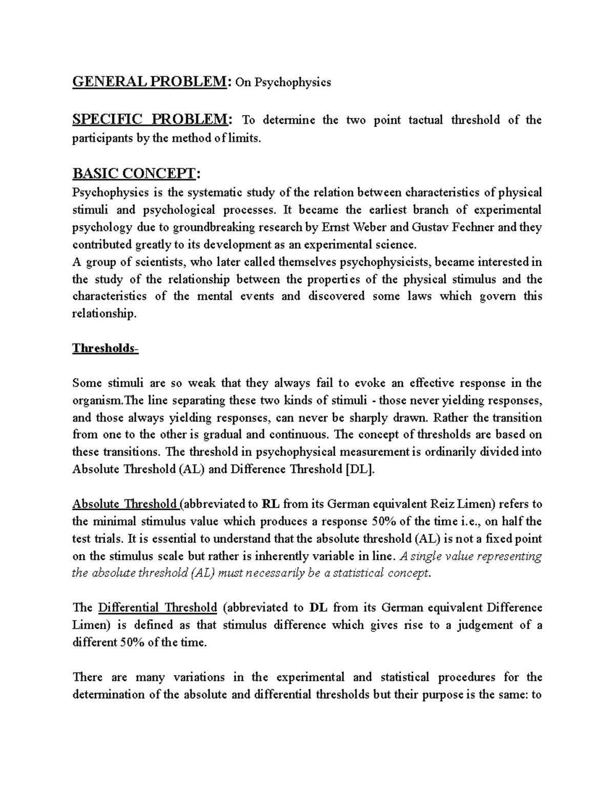 RLwriteuptillprecautions - GENERAL PROBLEM: On Psychophysics SPECIFIC ...