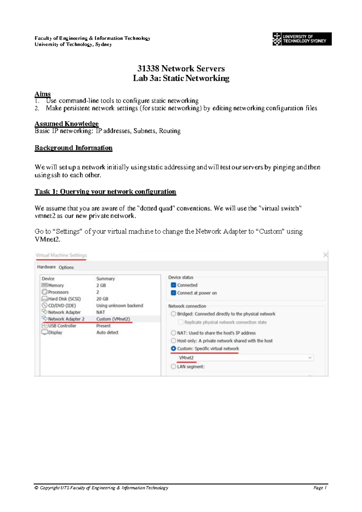 Lab 3a - Static networking - Faculty of Engineering & Information ...