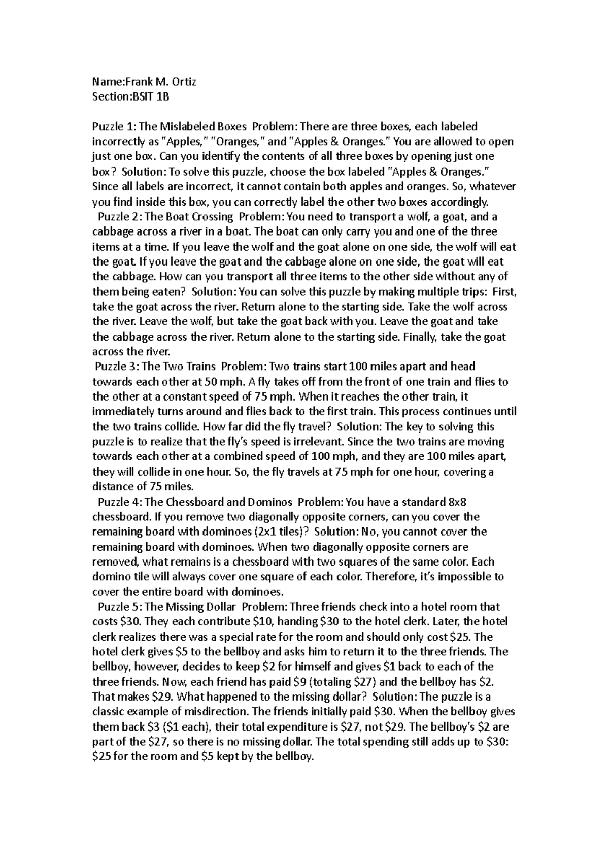 Puzzle - addff - Name:Frank M. Ortiz Section:BSIT 1B Puzzle 1: The ...