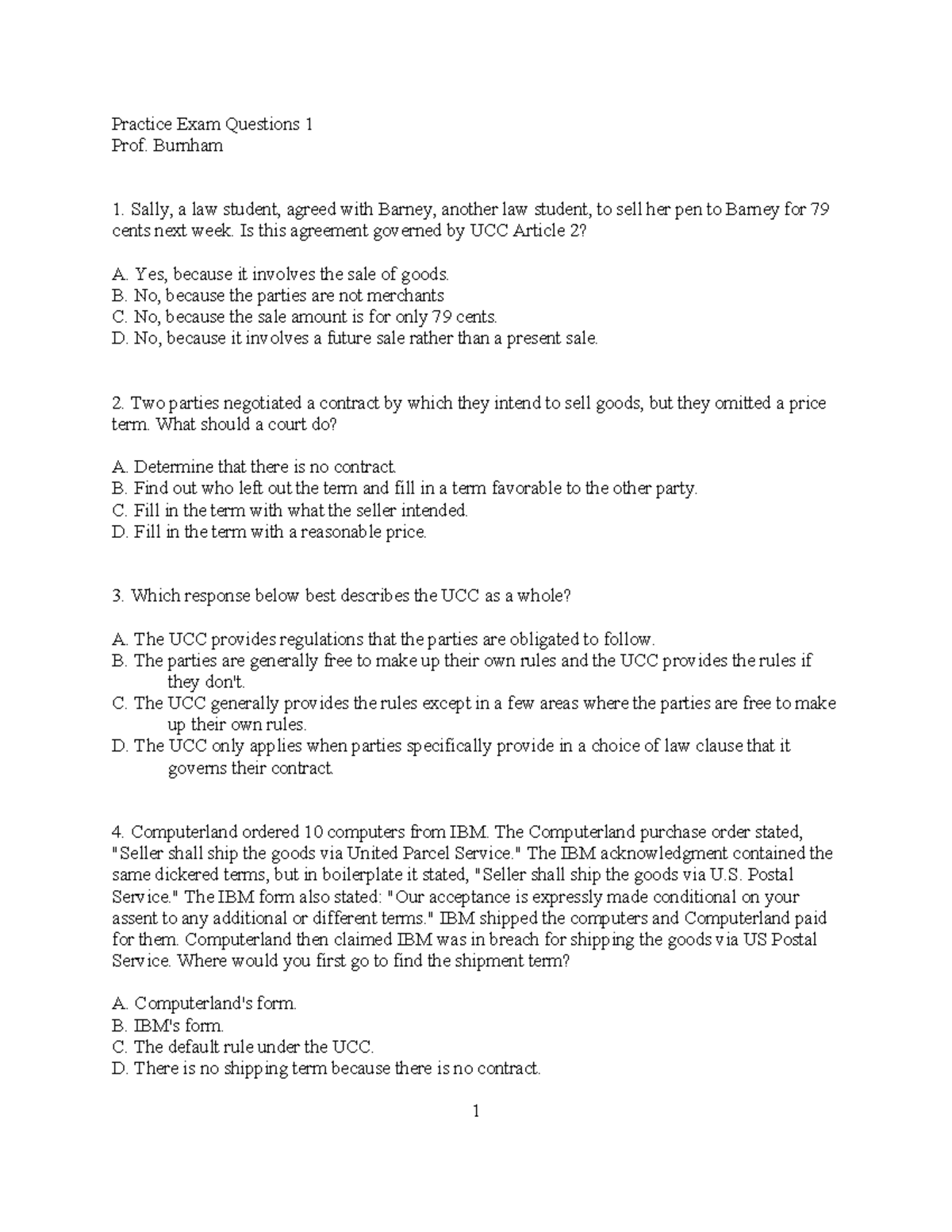 MC Practice 1 - Practice Exam Questions 1 Prof. Burnham Sally, a law ...