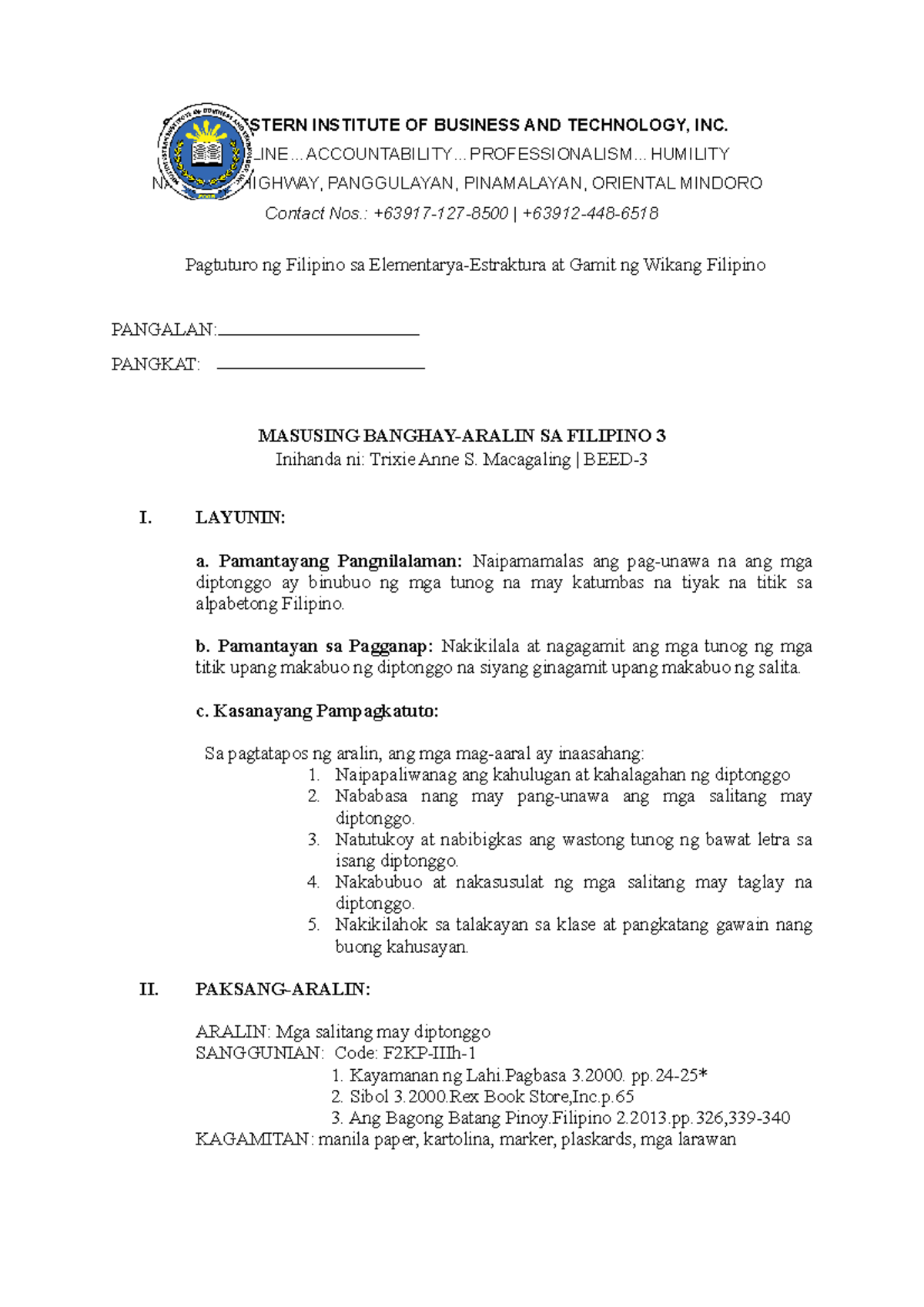 Banghay aralin format Filipino - DISCIPLINE...ACCOUNTABILITY ...