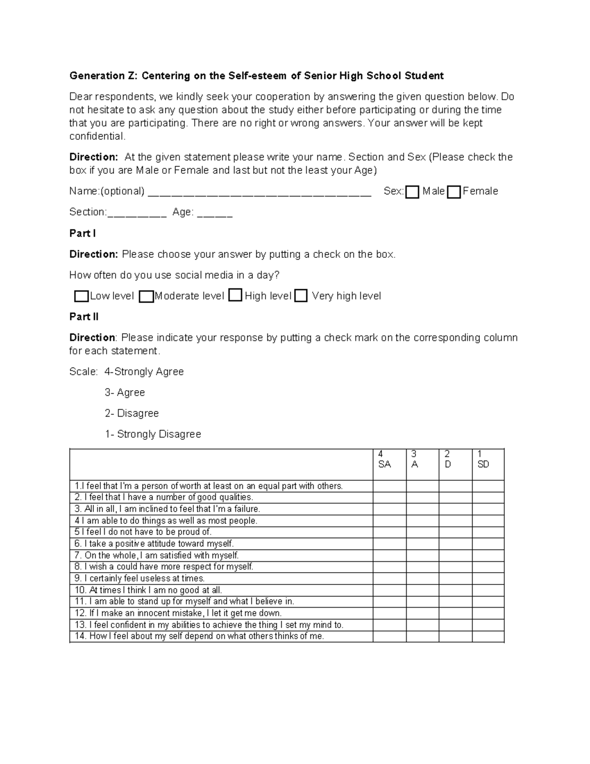 Questionnaire SELF Esteem - Generation Z: Centering on the Self-esteem ...