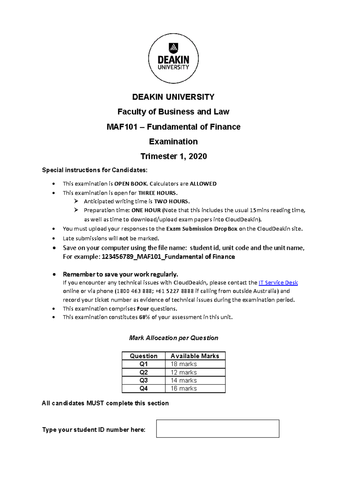 T1 2020 MAF101 Exam1 - Practice exam - DEAKIN UNIVERSITY Faculty of ...