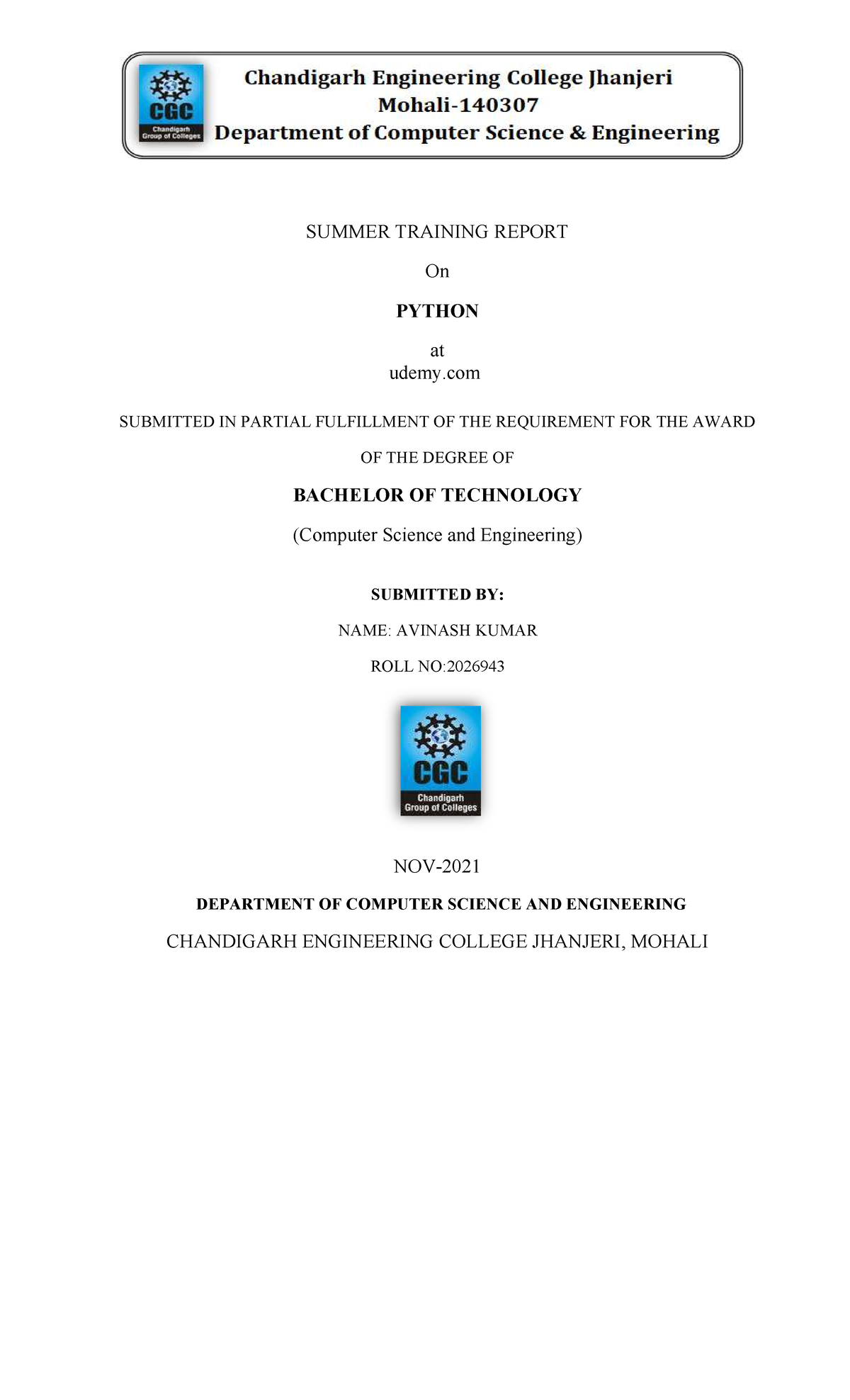 Python summer training - SUMMER TRAINING REPORT On PYTHON at udemy SUBMITTED IN PARTIAL ...