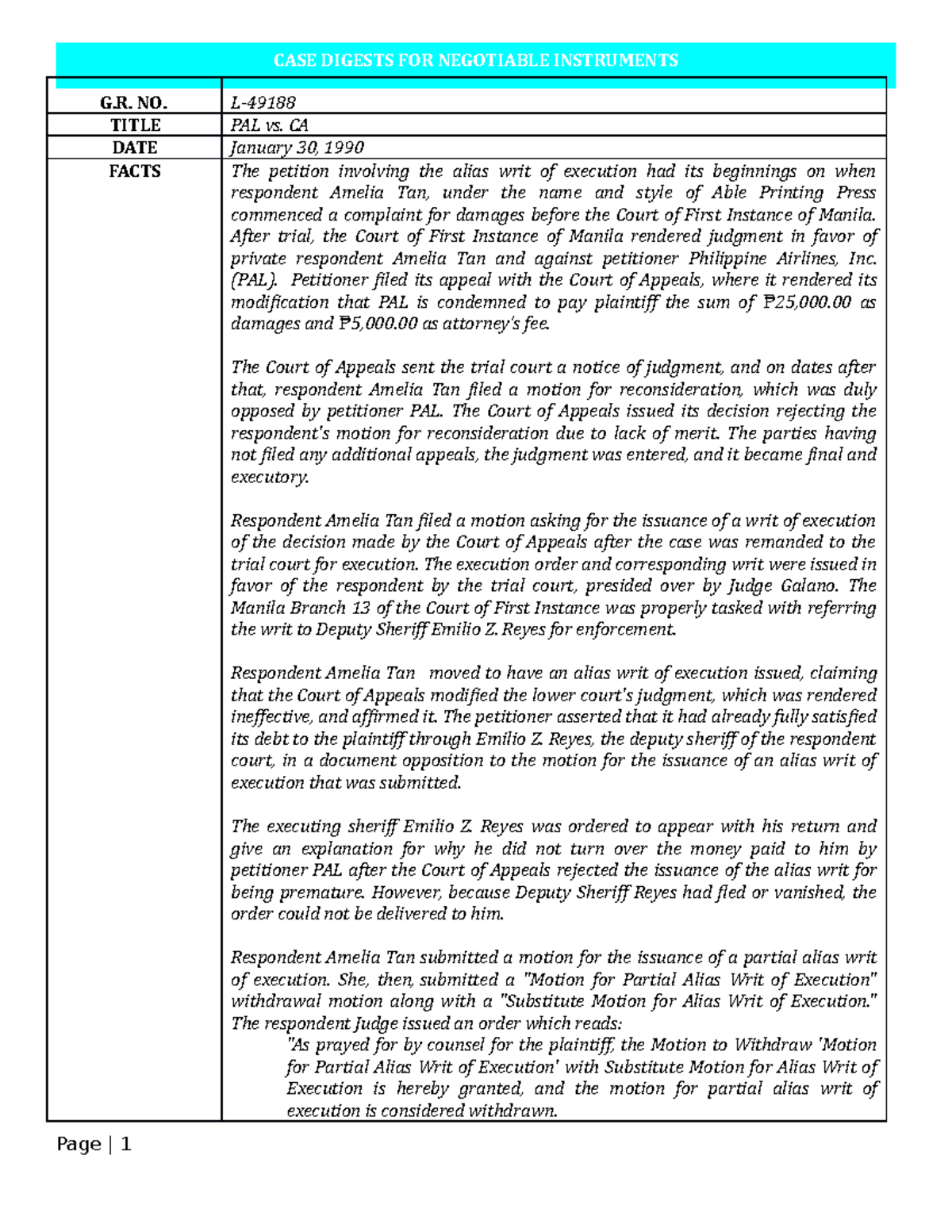 Case Digests for Negotiable Instruments - G. NO. L- TITLE PAL vs. CA ...
