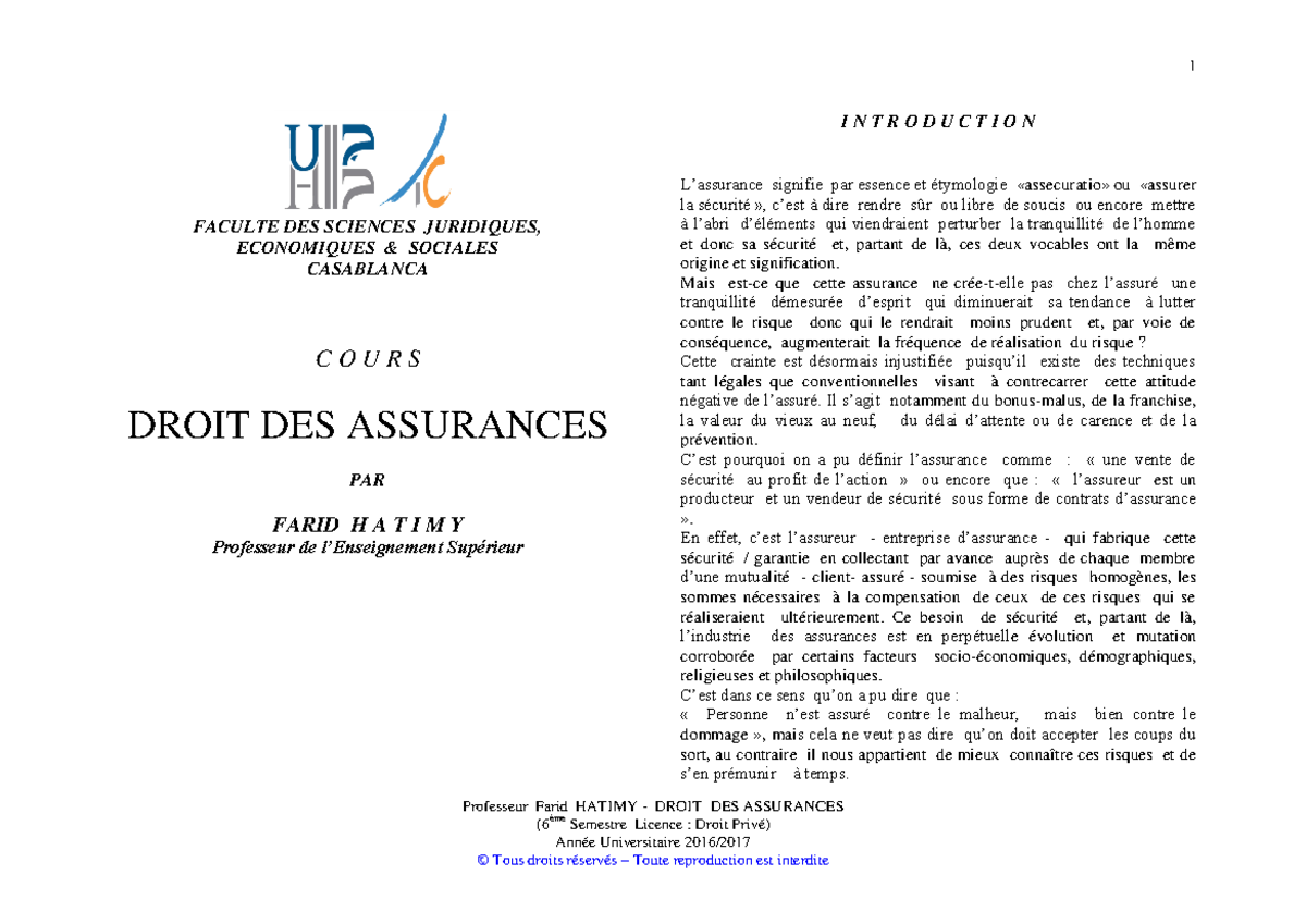 Droit des Assurances - Professeur Farid HATIMY - DROIT DES ASSURANCES ...