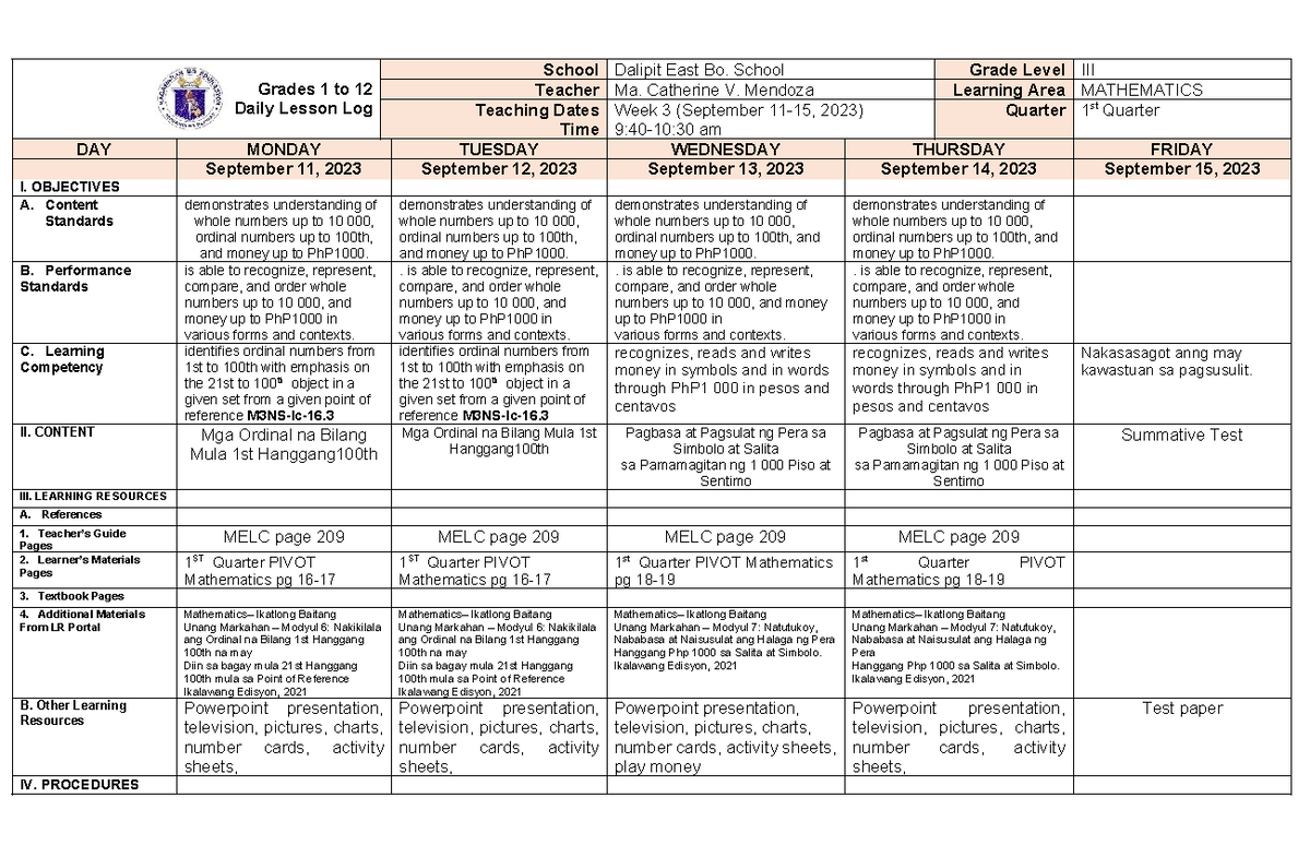 DLL- Mathematics-Q1-WEEK 3 - Grades 1 to 12 Daily Lesson Log School ...