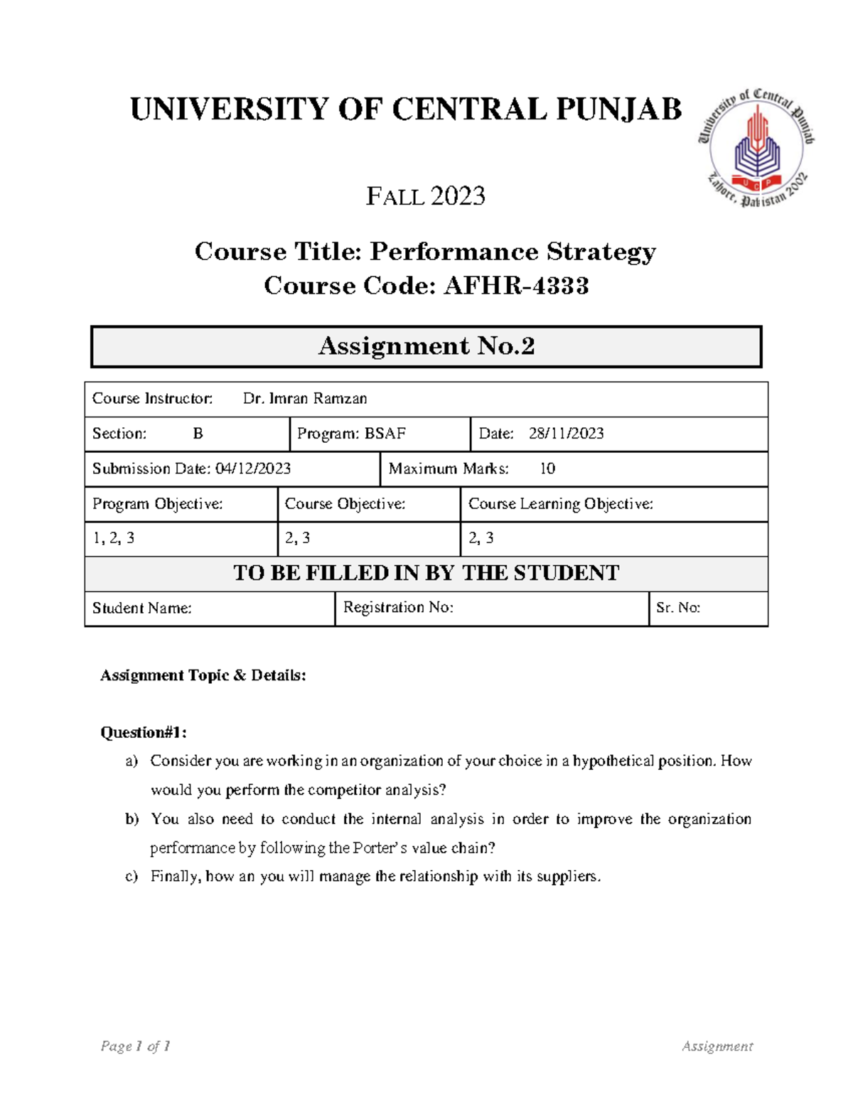 Assignment 2 - Gsjsj - Page 1 of 1 Assignment UNIVERSITY OF CENTRAL PUNJAB FALL 2023 Course ...