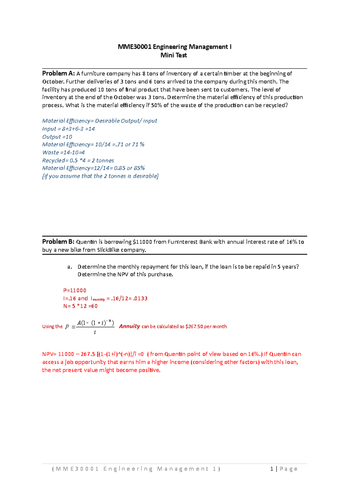 Final Exam Help: Mini Test with answers 1 - MME30001 Engineering ...