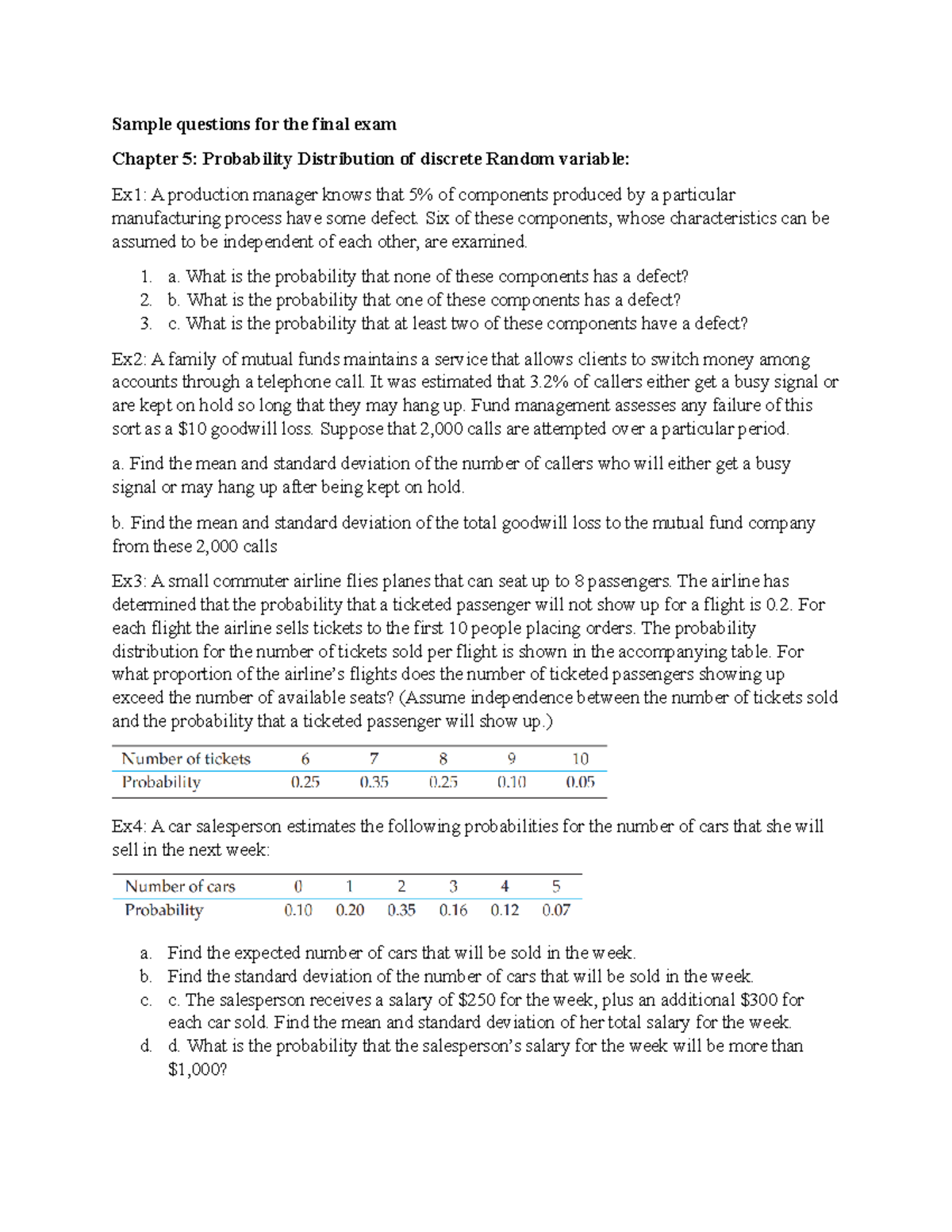 Example for final exam - more exercises to practice - Sample questions ...