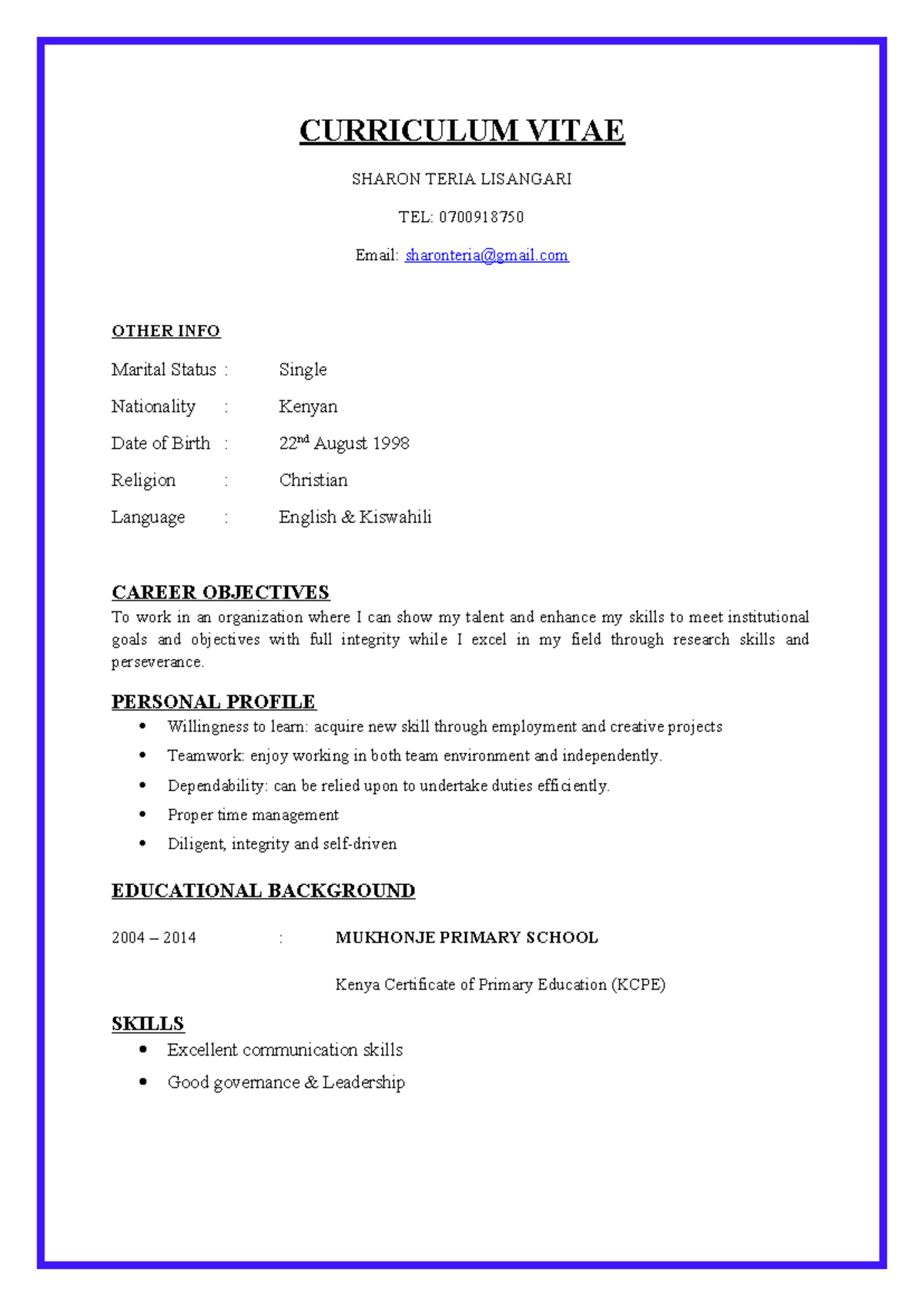 Sharon CV - KENYA - CURRICULUM VITAE SHARON TERIA LISANGARI TEL ...