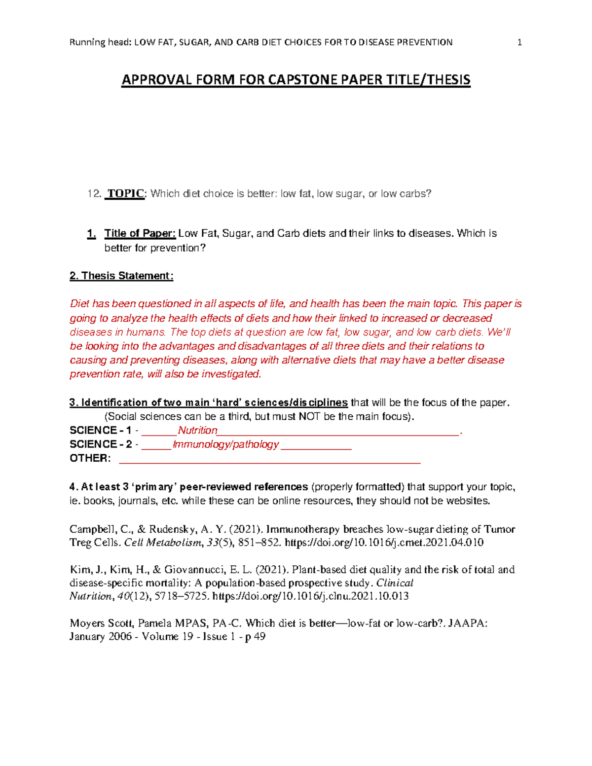 Senior Capstone paper final - Running head: LOW FAT, SUGAR, AND CARB ...