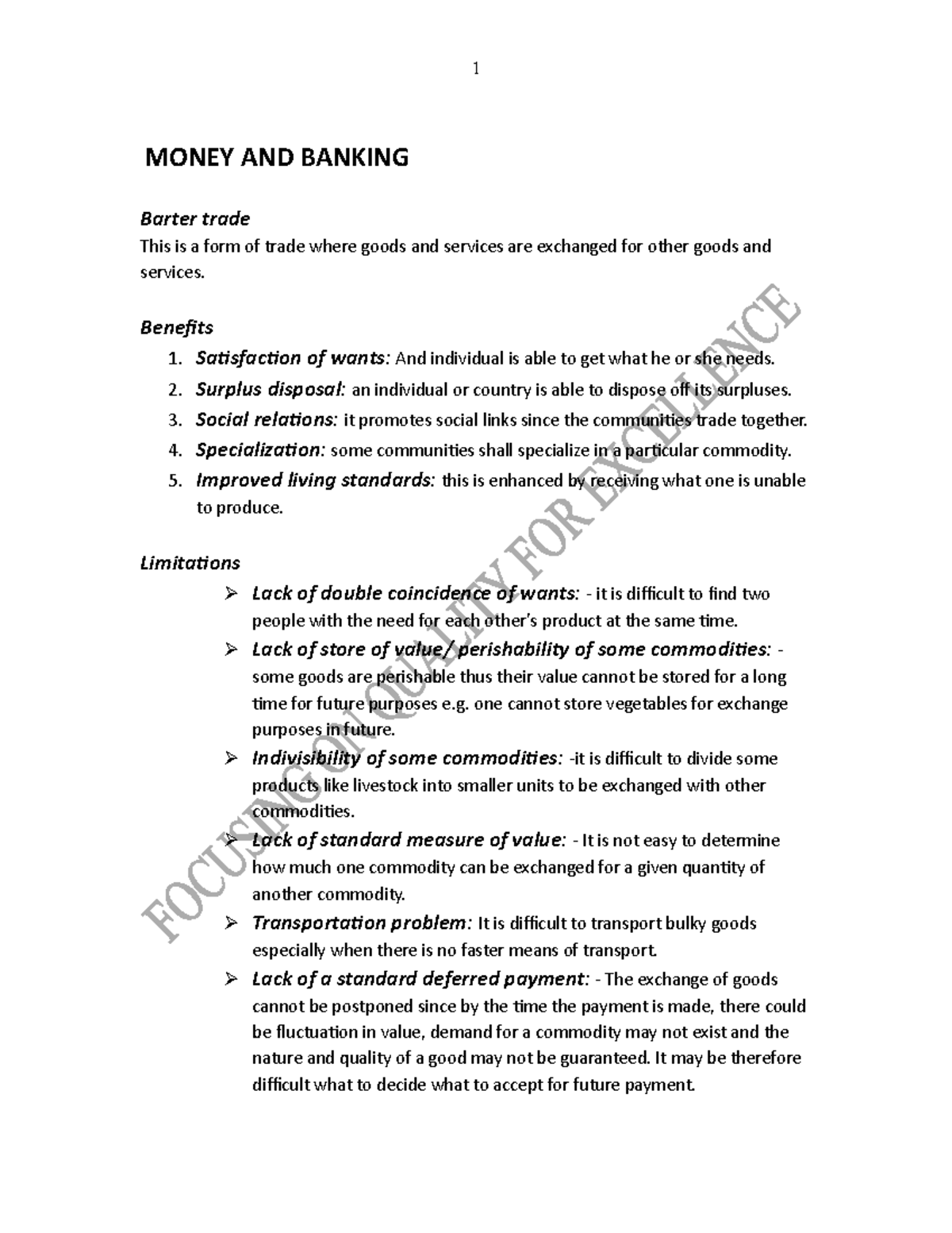 Money AND Banking notes - MONEY AND BANKING Barter trade This is a form ...
