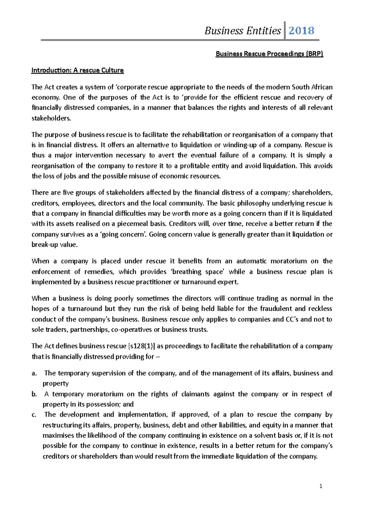 Business rescue textbook - Business Entities 2018 Business Rescue ...