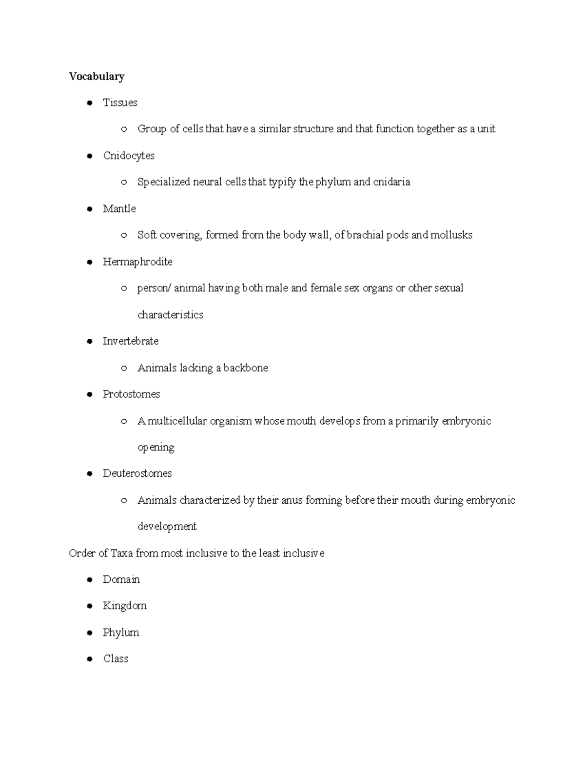 Invertebrate Diversity - Vocabulary Tissues Group of cells that have a ...