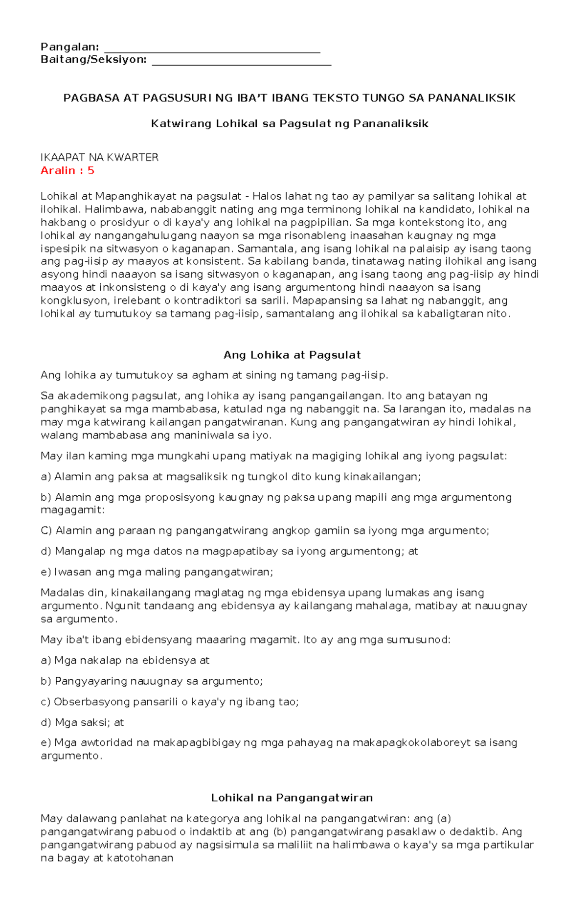 Q4- Pagbasa-AT- Pagsusuri- Aralin-5-6 - Pangalan