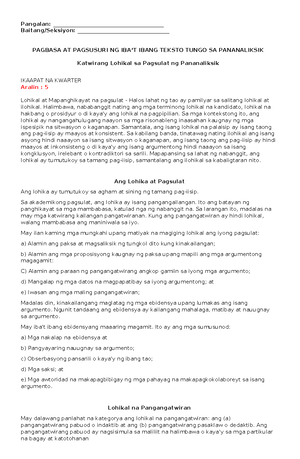 Q4 Pagbasa AT Pagsusuri Aralin 1 2 - PAGBASA AT PAGSUSURI NG IBA’T ...