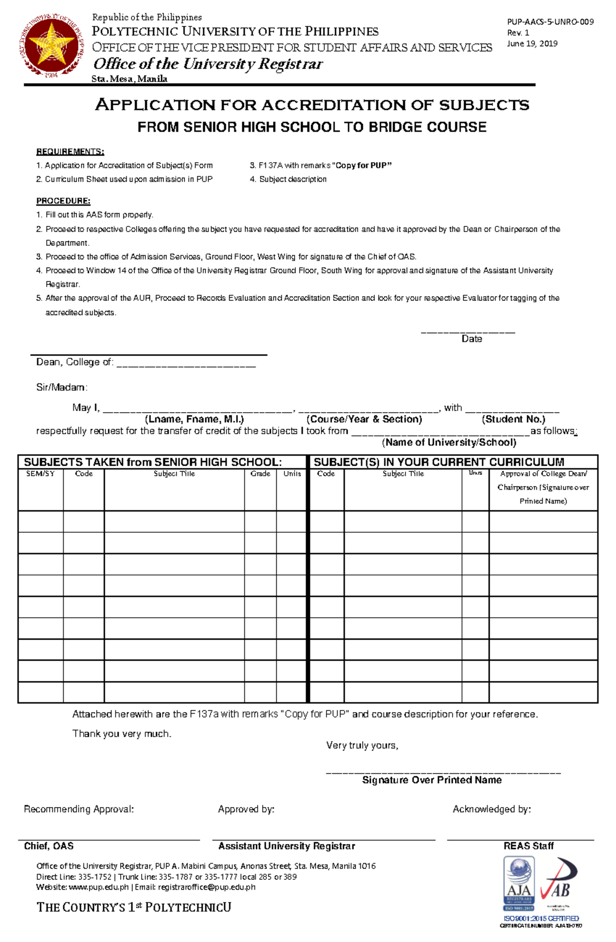 PUP Accreditation Form for Bridge Courses - ISO 9001:2015 CERTIFIED ...