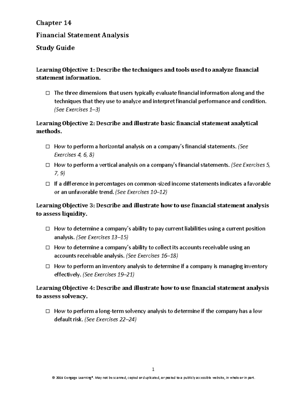 Study Guide Ch 14 - Chapter 14 Financial Statement Analysis Study Guide 1 Learning Objective 1 ...