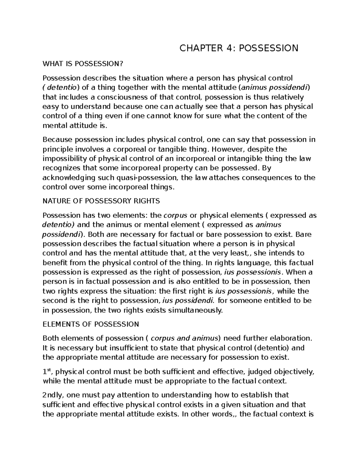 Chapter 4 Possession - SUMMARIES - CHAPTER 4: POSSESSION WHAT IS ...