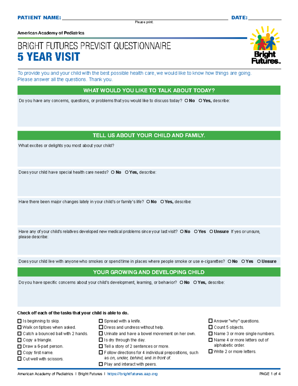 Bright Futures PDF Questionaire - BRIGHT FUTURES PREVISIT QUESTIONNAIRE ...