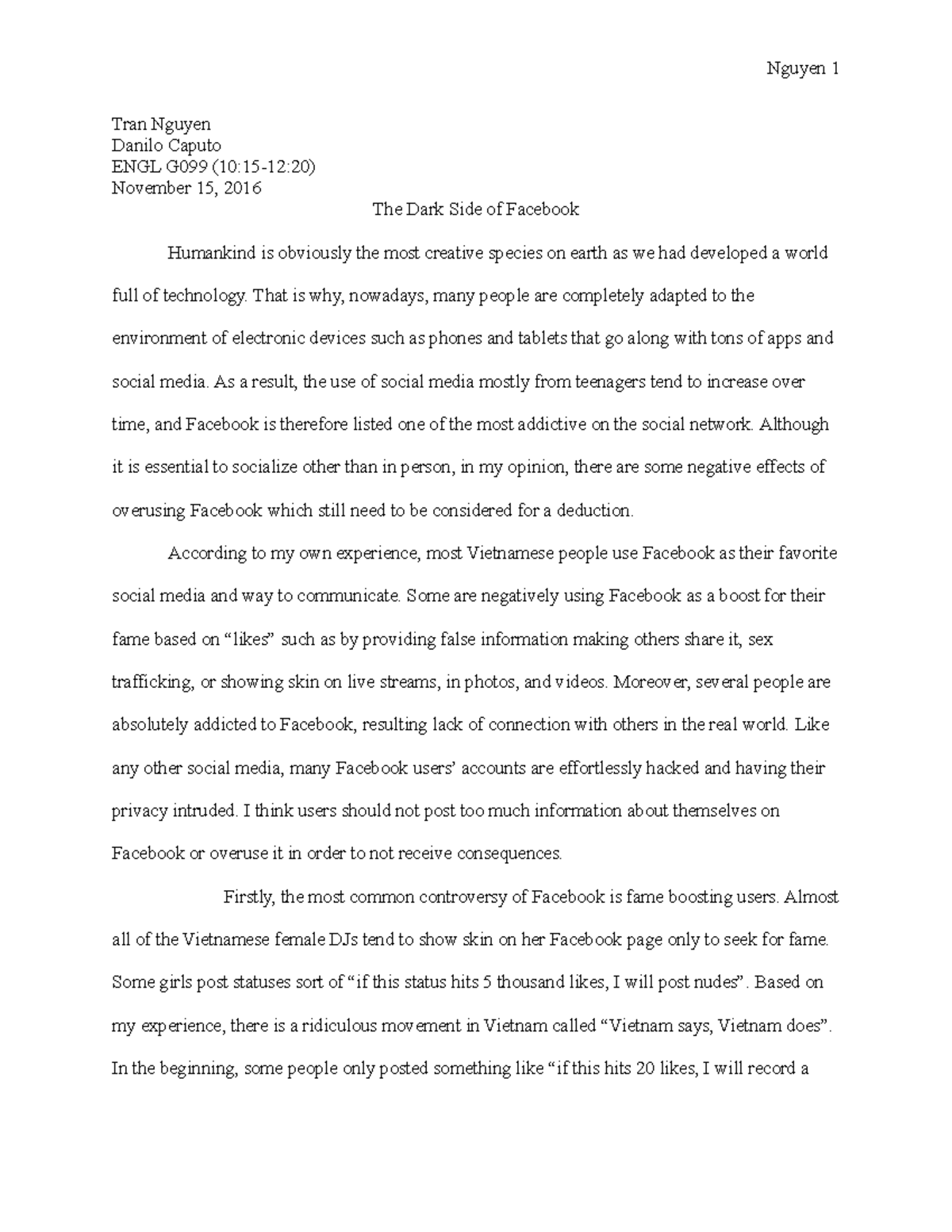 Social Media - Grade: A - Nguyen 1 Tran Nguyen Danilo Caputo ENGL G099 ...