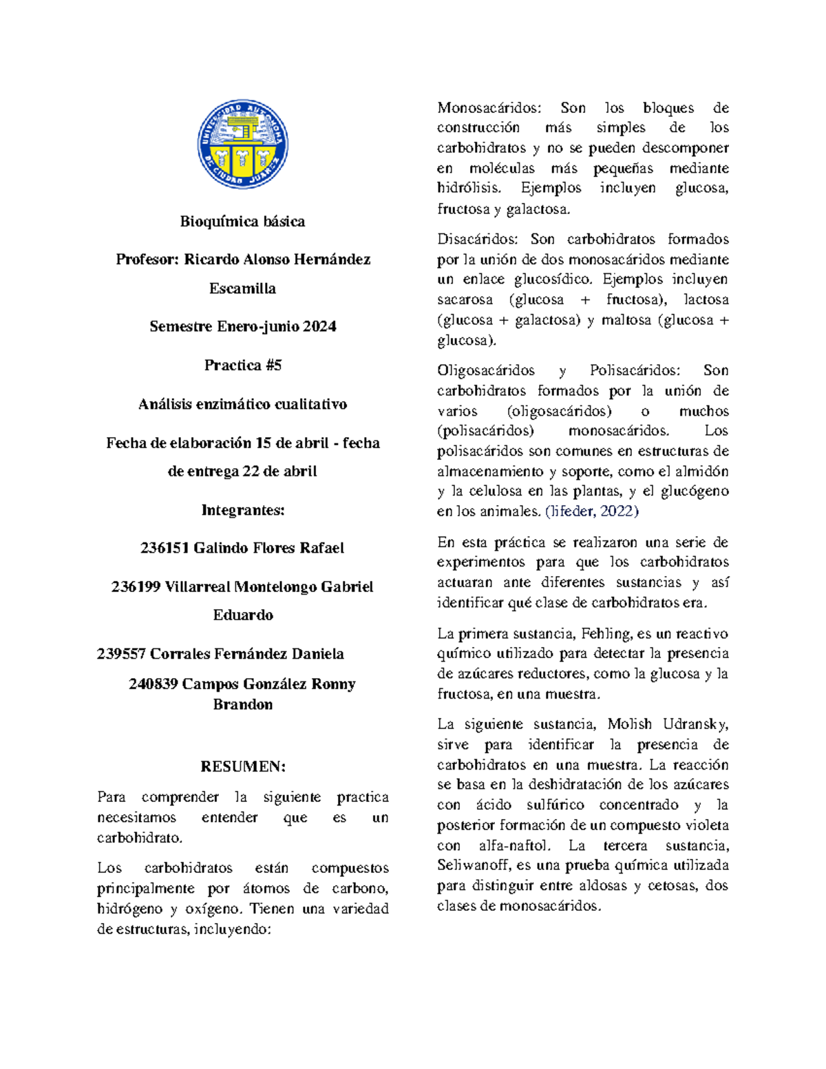 Practica 6 - Práctica 6. Carbohidratos - Bioquímica básica Profesor ...