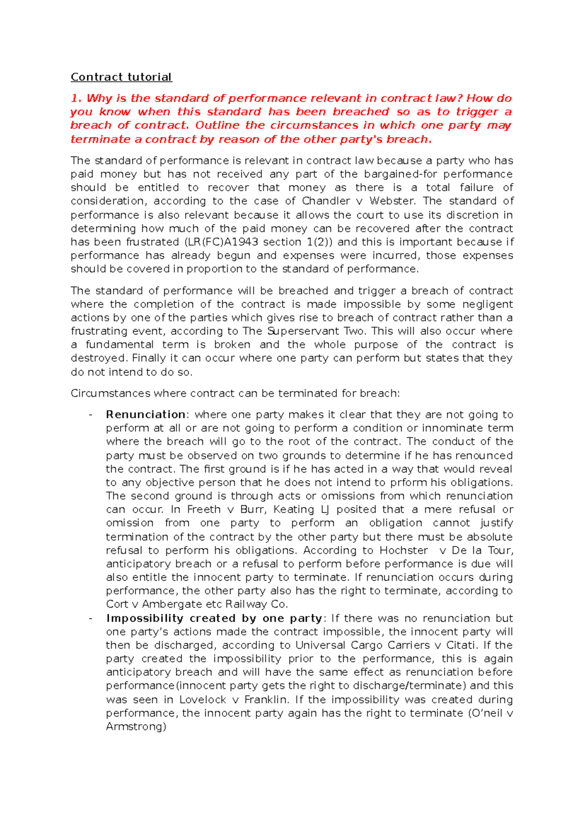 damages and breach tut 16 - Contract tutorial Why is the standard of performance relevant in ...