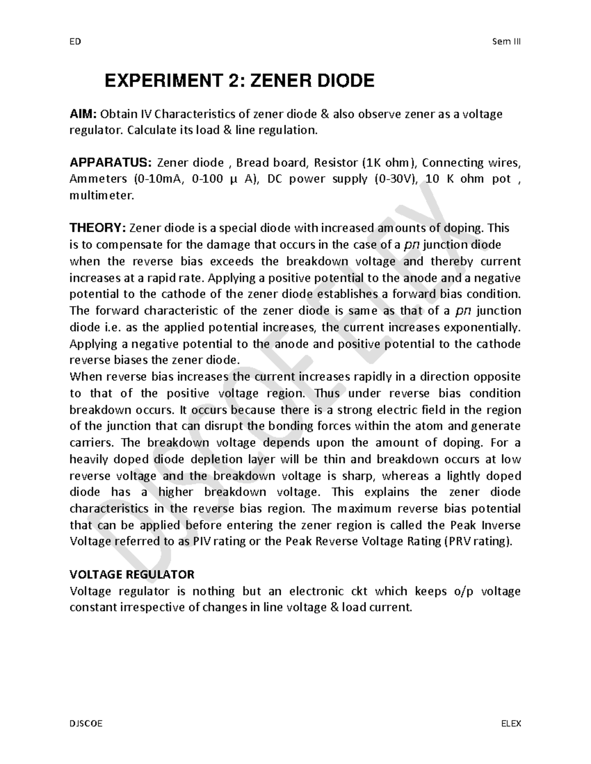 Ed expt02 zenerchar - EXPERIMENT 2: ZENER DIODE AIM: Obtain IV ...