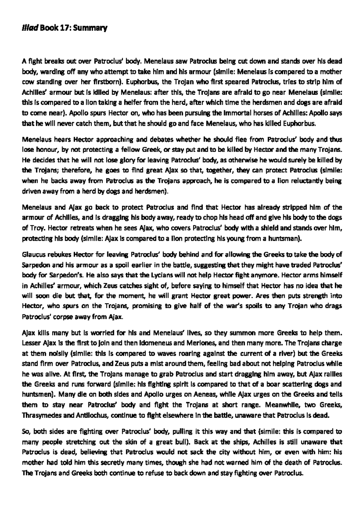 Book17 - Book 17 summary- the Iliad - Studocu