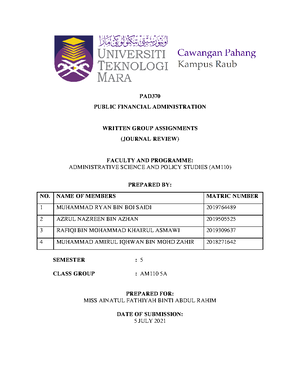 PAD320 Written Assignment - FACULTY OF ADMINISTRATIVE SCIENCE & POLICY ...