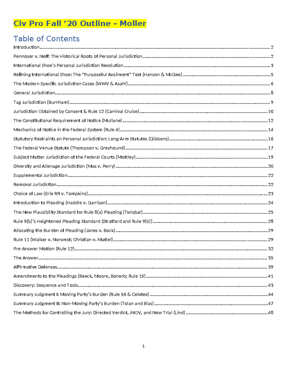 Civ Pro I Fall 20 Outline - - Studocu