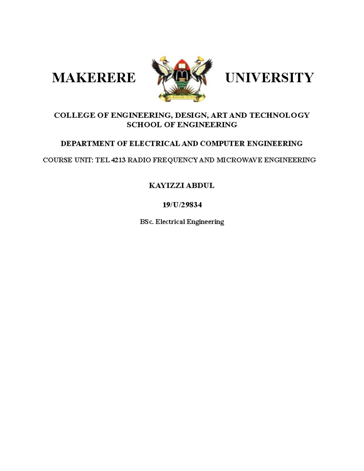 microwave Assignment - MAKERERE UNIVERSITY COLLEGE OF ENGINEERING ...