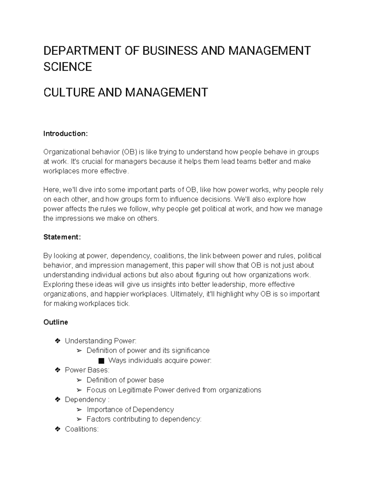 Culture and Management Assignment - DEPARTMENT OF BUSINESS AND ...
