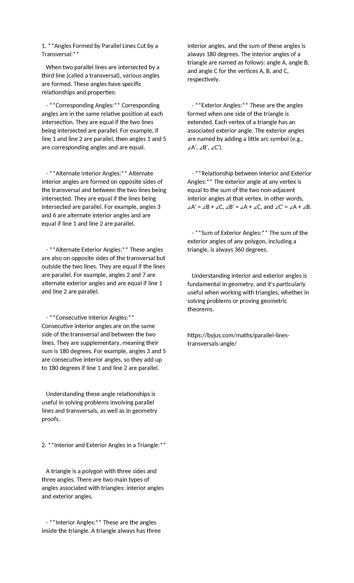 Math notes angles - Angles Formed by Parallel Lines Cut by a ...