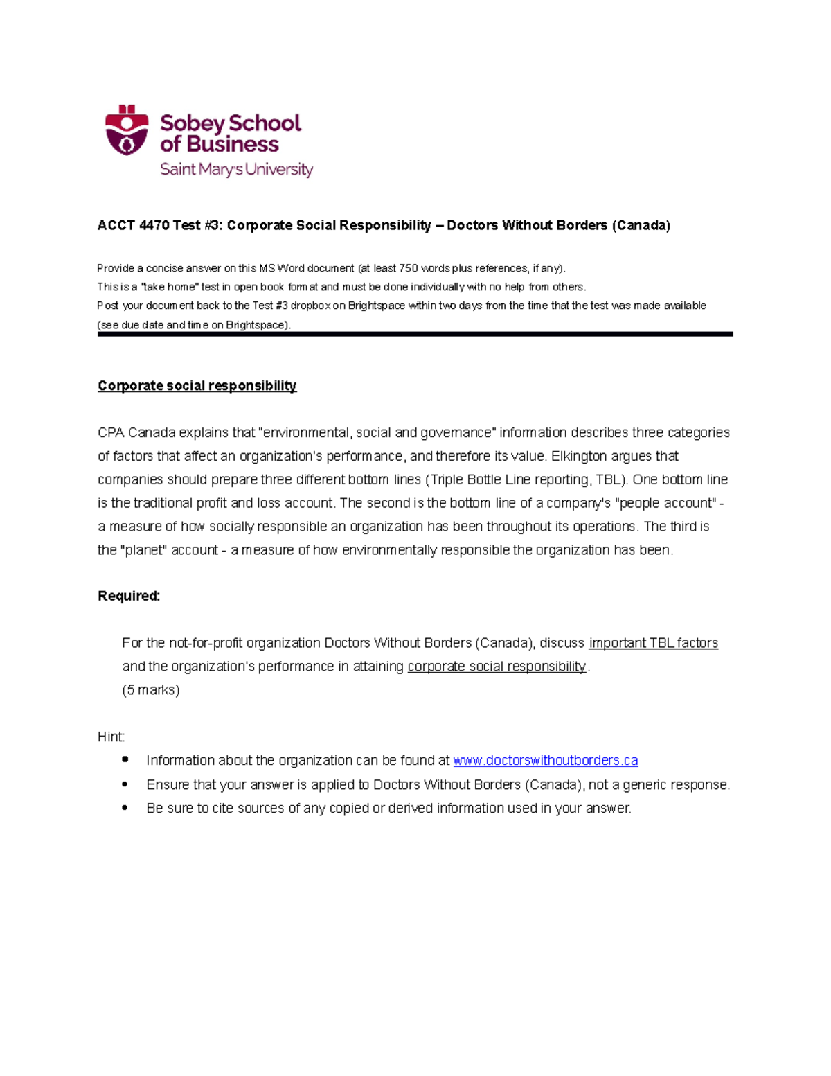 Test 3 - CSR - TEST 3 - ACCT 4470 Test #3: Corporate Social ...