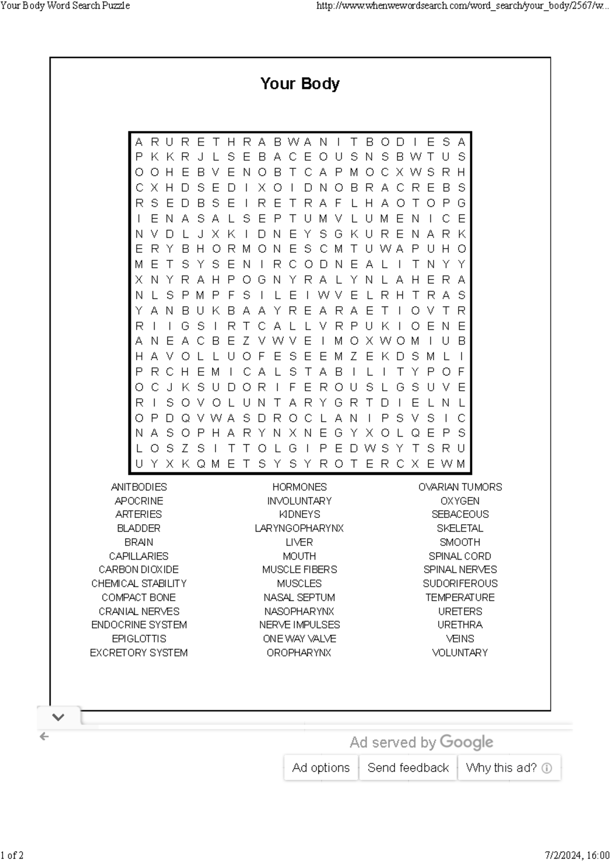 Your Body Word Search Puzzle - .. 1 of 2 7/2/2024, 16: - Studocu