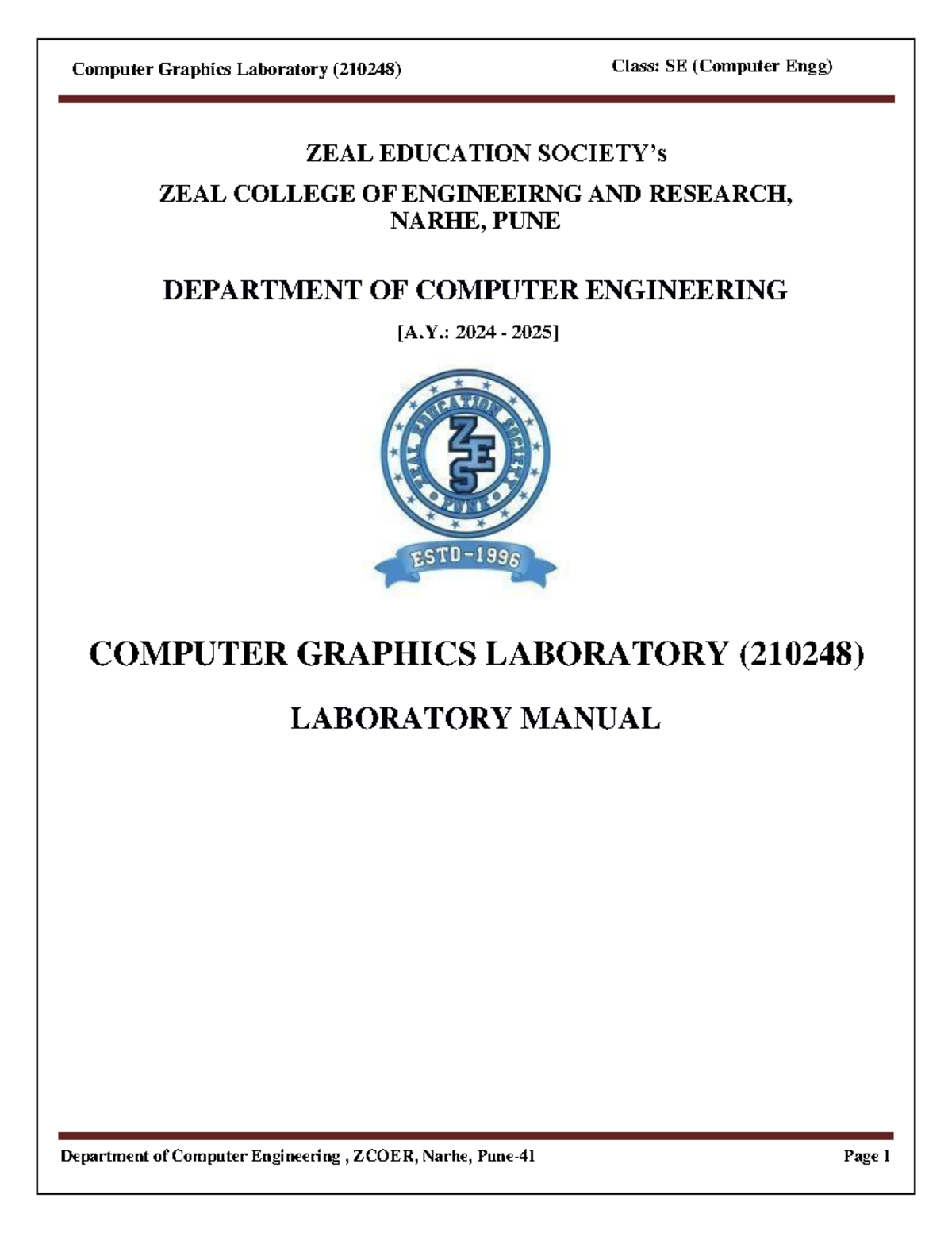 CG Lab Manual 2024-2025 - Computer Graphics Laboratory (210248) Class ...