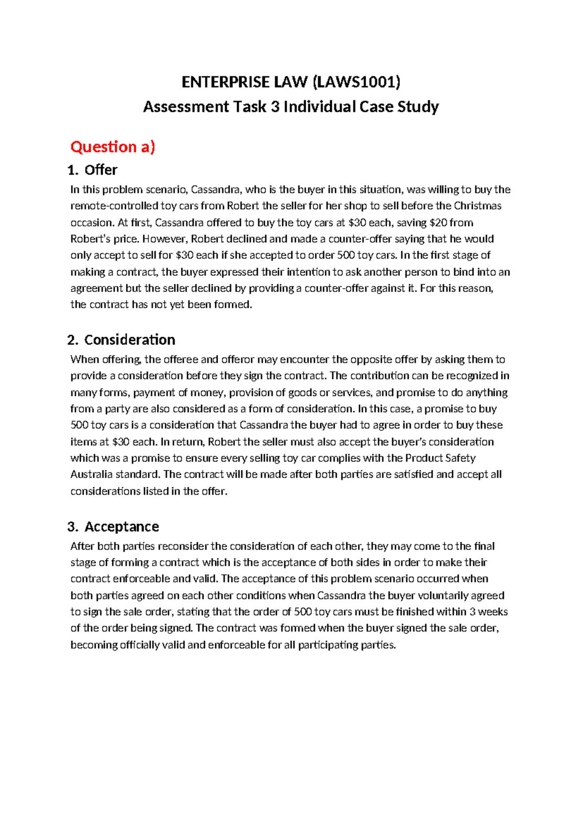 Assessment task 3 Individual Case Study - ENTERPRISE LAW (LAWS1001) Assessment Task 3 Individual ...