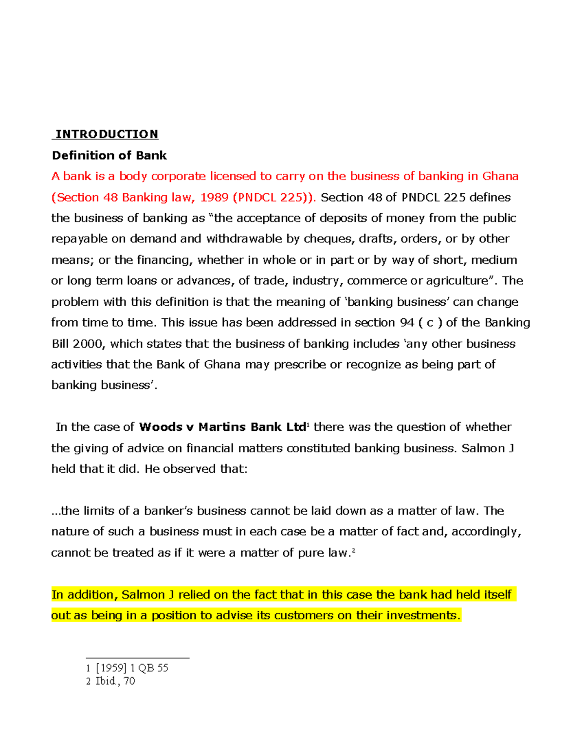 Banking LAW Notes 1-4 - good document - INTRODUCTION Definition of Bank ...