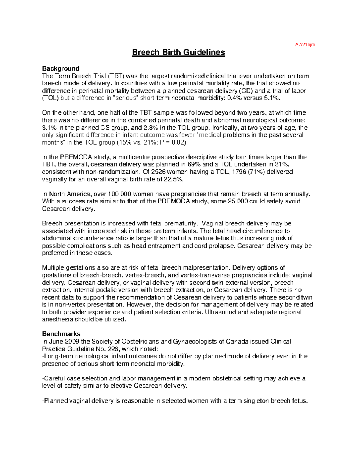 Breech Birth - 2/7/21njm Breech Birth Guidelines Background The Term ...