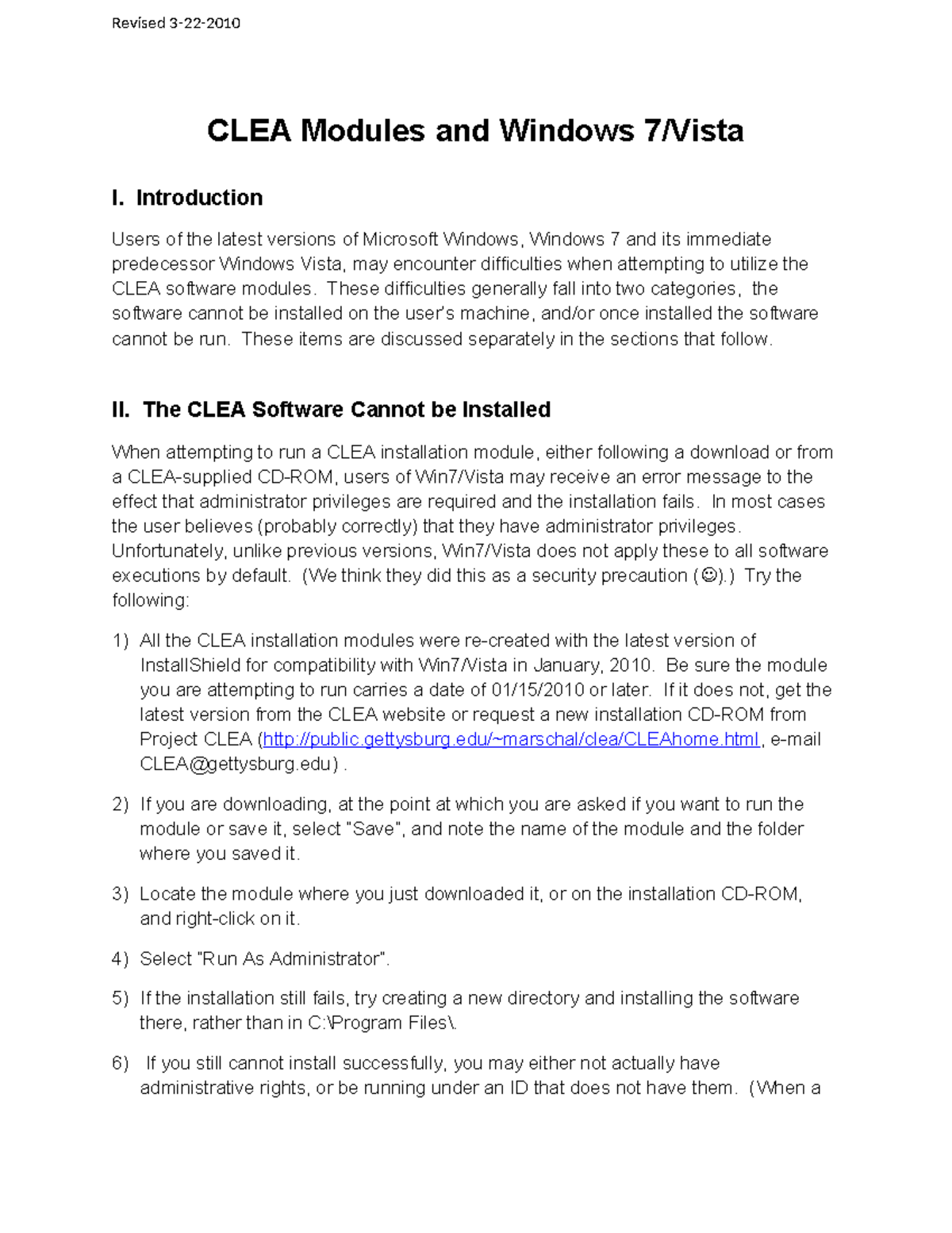 Vista Note - CLEA Modules and Windows 7/Vista I. Introduction Users of ...