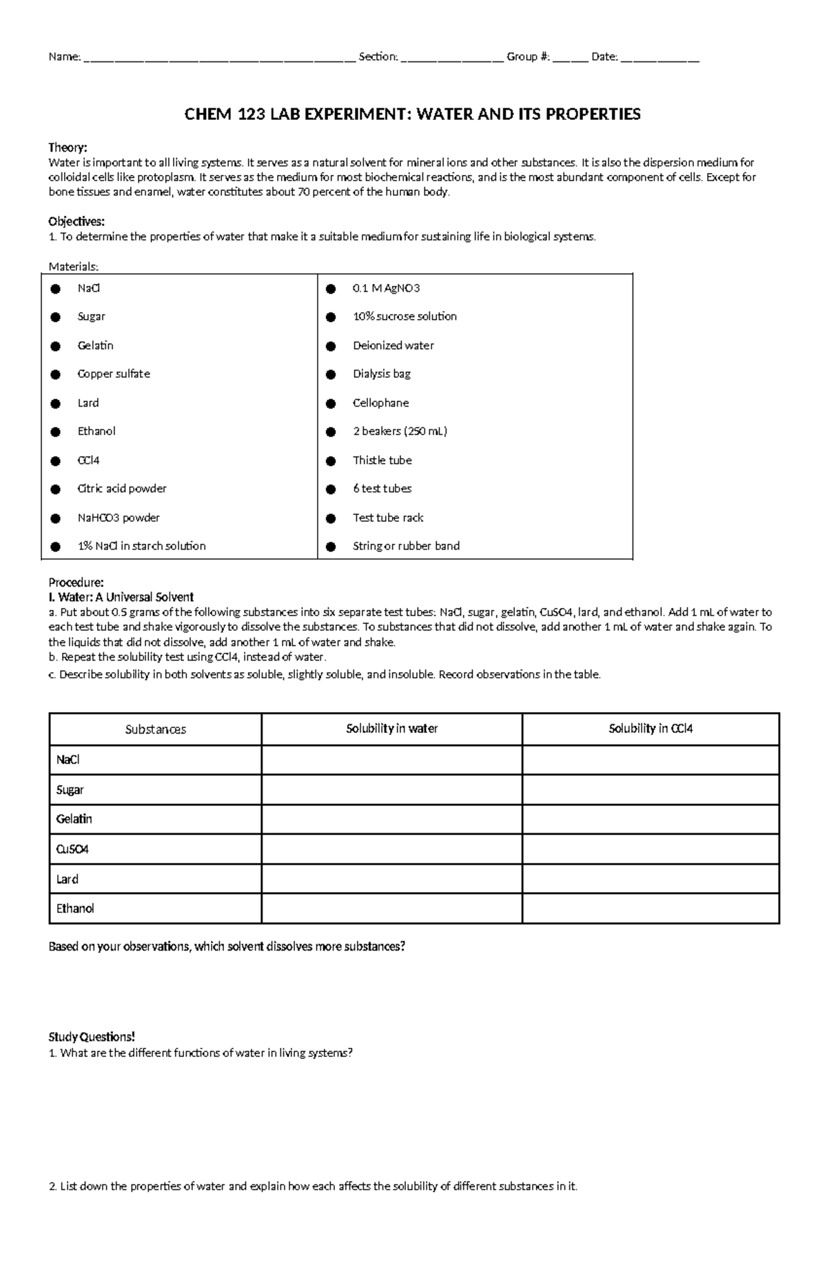 EXP 1 Water and Its Properties - Name ...