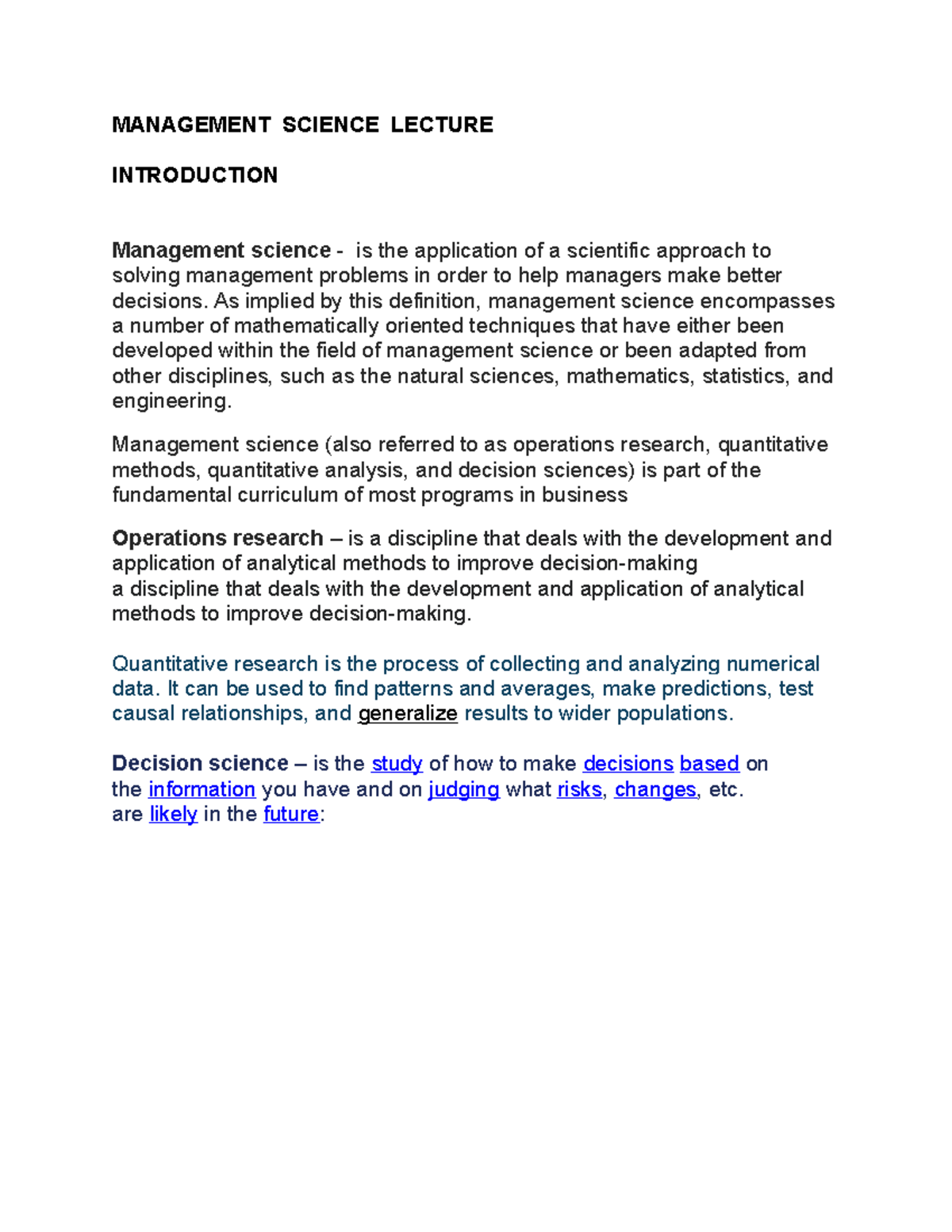 Management-Science - MANAGEMENT SCIENCE LECTURE INTRODUCTION Management ...