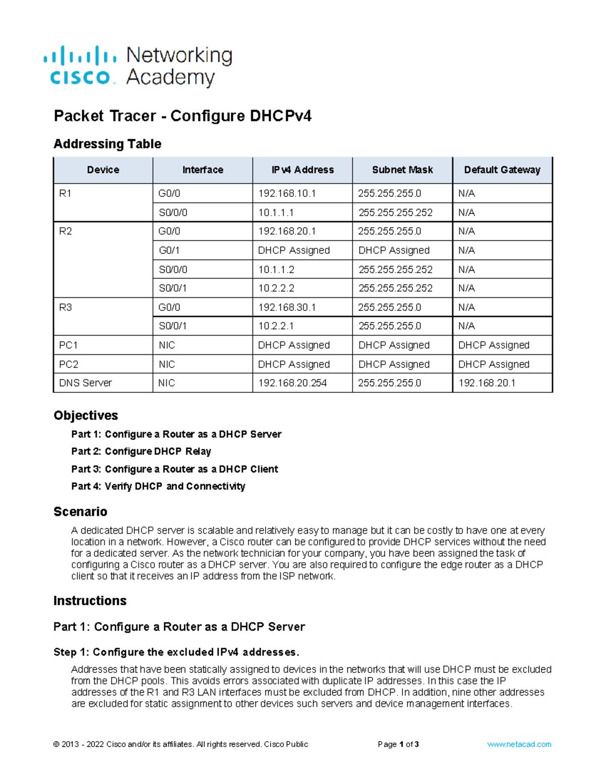 Lab 8 Packet Tracer Configure Dhcpv4 2013 2022 Cisco Andor Its Affiliates All Rights 