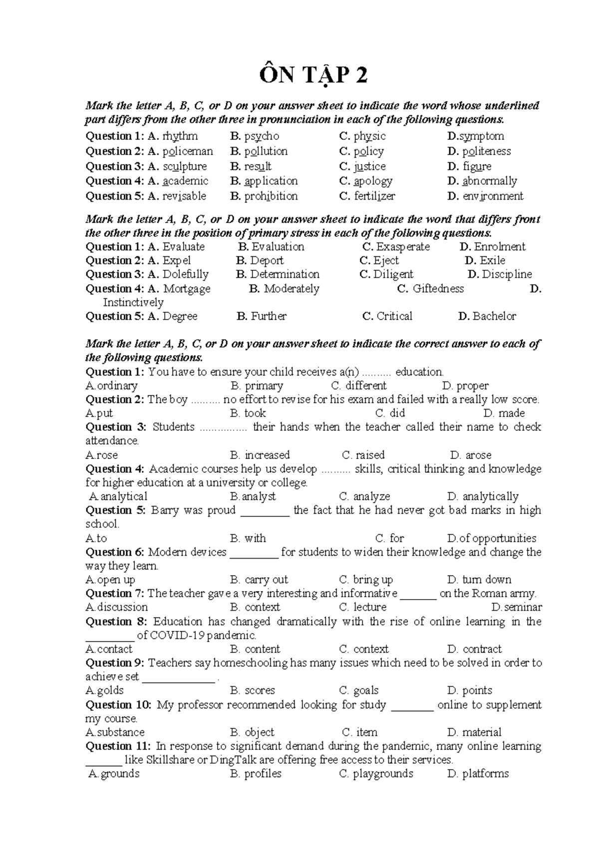 Ôn tập 2 - regreg ffewfwe wff fewf - ÔN TẬP 2 Mark the letter A, B, C ...