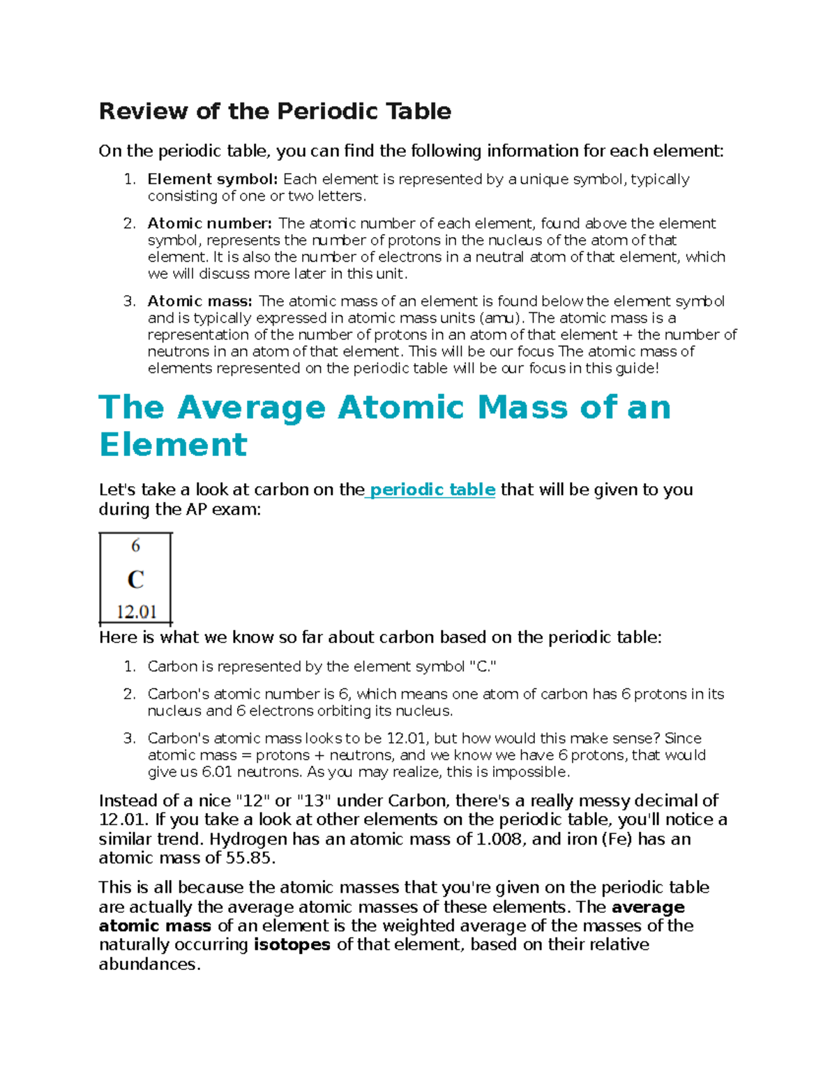 Review of the Periodic Table - Atomic number: The atomic number of each ...